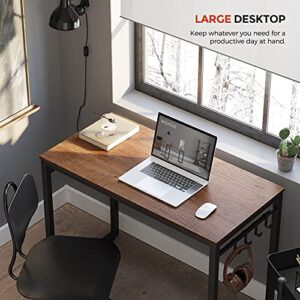 VASAGLE Computer Writing Desk, 39 Inch Office Study Table, Work from Home, with 8 Hooks, Metal Frame, Industrial, 39.4", Walnut Brown