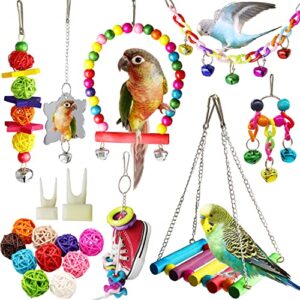 pbiehsr bird parakeet cockatiel toys, 19 pcs pet bird cage swing hammock shoe chewing toy hanging bell wooden perch for conures, love birds, finches, budgie