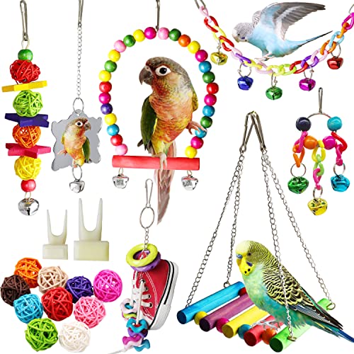 PBIEHSR Bird Parakeet Cockatiel Toys, 19 Pcs Pet Bird Cage Swing Hammock Shoe Chewing Toy Hanging Bell Wooden Perch for Conures, Love Birds, Finches, Budgie