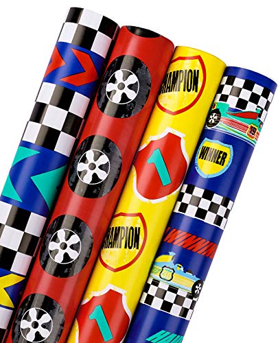 WRAPAHOLIC Birthday Wrapping Paper Roll - Cool Racing Cars and Autodrome Set Perfect for Party, Celebrating, Baby Boy Present Packing - 4 Rolls - 30 inch X 120 inch Per Roll