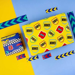 WRAPAHOLIC Birthday Wrapping Paper Roll - Cool Racing Cars and Autodrome Set Perfect for Party, Celebrating, Baby Boy Present Packing - 4 Rolls - 30 inch X 120 inch Per Roll