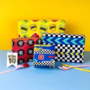 WRAPAHOLIC Birthday Wrapping Paper Roll - Cool Racing Cars and Autodrome Set Perfect for Party, Celebrating, Baby Boy Present Packing - 4 Rolls - 30 inch X 120 inch Per Roll