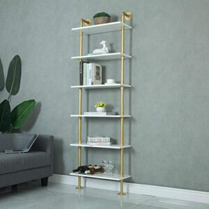 wgx design for you industrial 6-tiers modern ladder shelf bookcase,wood storage shelf,display shelving, wall mounted wood shelves(gold)