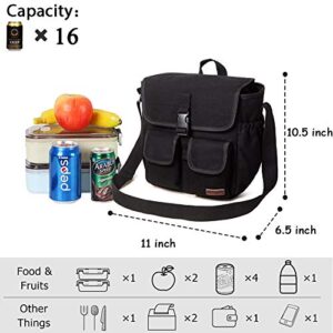 Scorlia Insulated Lunch Bag, Leakproof Lunch Cooler Bag With Adjustable Shoulder Strap, Durable Reusable lunch Box with Side pockets and Drinks Holder for Men Women Work, School, Picnic, Black