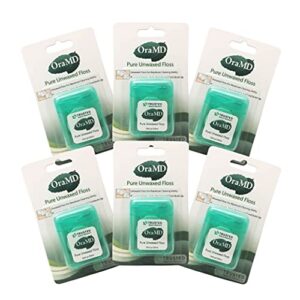 oramd oral care pure unwaxed dental floss 54.6 yards - chemical free, shred resistant - unscented and ultraclean plaque removal - teeth and gum protection for adults - pack of 6