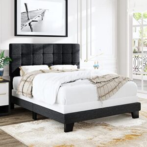 allewie queen size panel bed frame with adjustable headboard for high profile/fabric upholstered/square stitched padded headboard/box spring or bunkie board required/dark grey