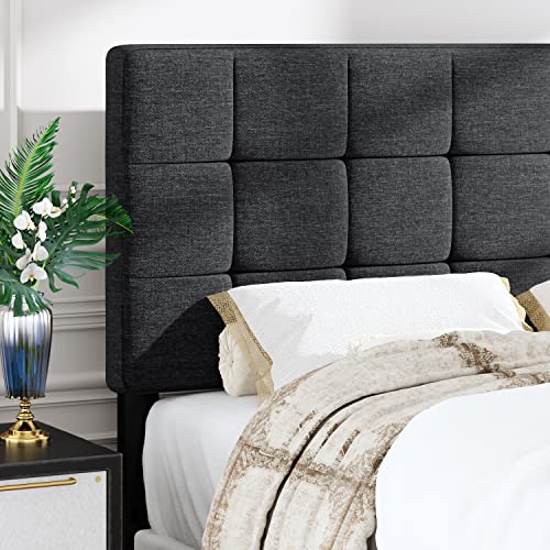 Allewie Queen Size Panel Bed Frame with Adjustable Headboard for High Profile/Fabric Upholstered/Square Stitched Padded Headboard/Box Spring or Bunkie Board Required/Dark Grey