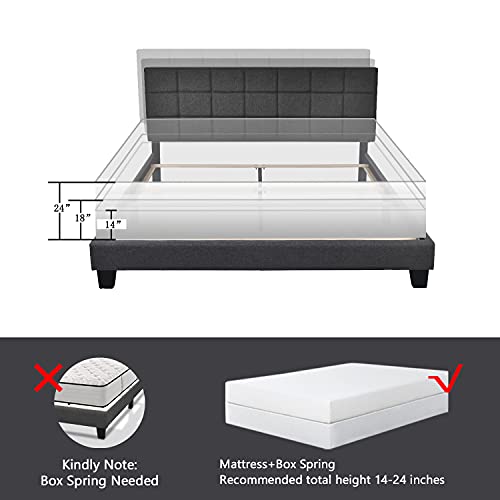 Allewie Queen Size Panel Bed Frame with Adjustable Headboard for High Profile/Fabric Upholstered/Square Stitched Padded Headboard/Box Spring or Bunkie Board Required/Dark Grey