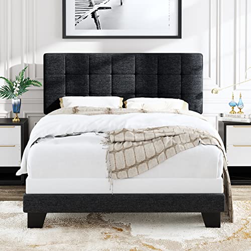 Allewie Queen Size Panel Bed Frame with Adjustable Headboard for High Profile/Fabric Upholstered/Square Stitched Padded Headboard/Box Spring or Bunkie Board Required/Dark Grey