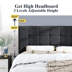 Allewie Queen Size Panel Bed Frame with Adjustable Headboard for High Profile/Fabric Upholstered/Square Stitched Padded Headboard/Box Spring or Bunkie Board Required/Dark Grey