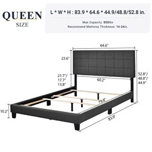 Allewie Queen Size Panel Bed Frame with Adjustable Headboard for High Profile/Fabric Upholstered/Square Stitched Padded Headboard/Box Spring or Bunkie Board Required/Dark Grey