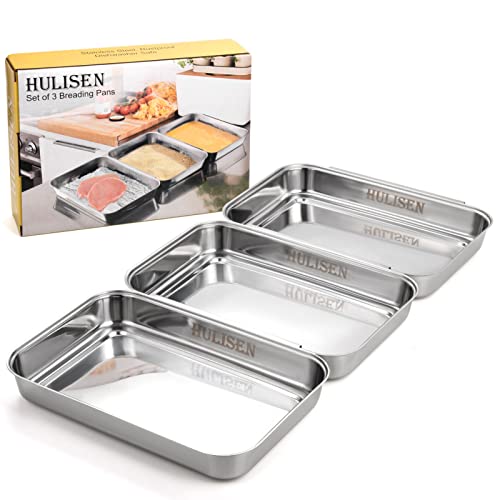 HULISEN Set of 3 Breading Pans, Stainless Steel Breading Set for Marinating Meat, Chicken, Fish, Food Prep Trays, Coating Trays Can Be Used to Baking Cake, Oven Safe