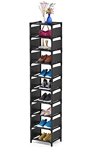 barsone 10 Tiers Shoe Rack, Vertical Narrow Shoe Rack, 10 Pairs Tall Shoe Rack Organizer for Small Space, Free Standing Shoe Shelf for Closet Entryway Hallway