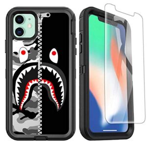 ottartaks iphone 11 case with screen protector, street fashion full body rugged heavy duty case for boys men, shockproof 3-layer defender protective case for iphone 11 6.1inch, camo shark