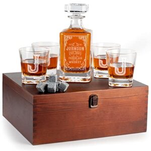 personalized 5 pc whiskey decanter set - limited edition custom liquor decanter - 25 oz, 750ml w/ 4pcs whiskey glass set, housewarming gifts, boss gifts, retirement gifts, square #3