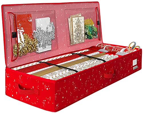 CLOZZERS Wrapping Paper Storage Container, with 2 Large Pockets for Accessories and Supplies, Heavy Duty Wrapping Paper Holder, Tear Resistant and Water Resistant, Fits up to 24 Standard Rolls, Red Stars Print