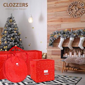 CLOZZERS Wrapping Paper Storage Container, with 2 Large Pockets for Accessories and Supplies, Heavy Duty Wrapping Paper Holder, Tear Resistant and Water Resistant, Fits up to 24 Standard Rolls, Red Stars Print