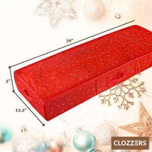 CLOZZERS Wrapping Paper Storage Container, with 2 Large Pockets for Accessories and Supplies, Heavy Duty Wrapping Paper Holder, Tear Resistant and Water Resistant, Fits up to 24 Standard Rolls, Red Stars Print