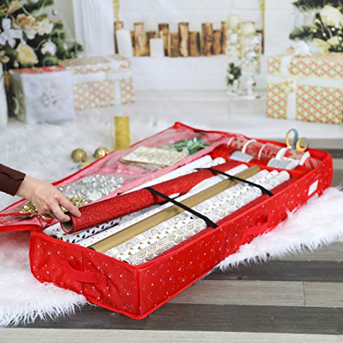 CLOZZERS Wrapping Paper Storage Container, with 2 Large Pockets for Accessories and Supplies, Heavy Duty Wrapping Paper Holder, Tear Resistant and Water Resistant, Fits up to 24 Standard Rolls, Red Stars Print