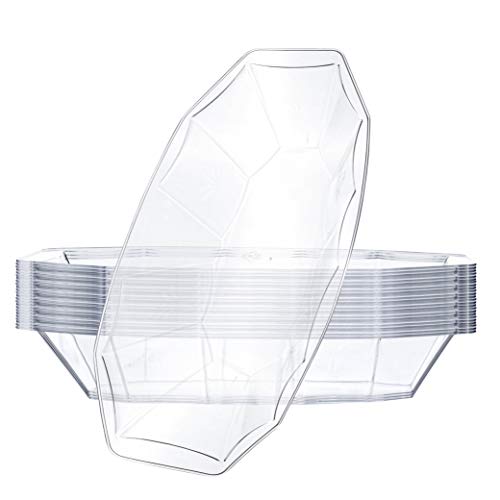 Plasticpro Disposable Hard Plastic Oblong Serving Boat 15 oz for Dips, Sauces, Snacks, Candy, Nosh,Birthday Party, Banana Split, or Salad Bowl Pack of 12 Clear