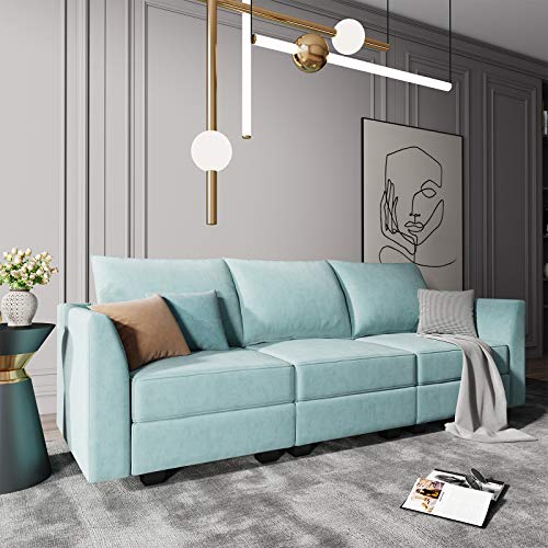 HONBAY Convertible Sectional Sofa Couch with Storage Seats Modular 3 Seater Sofa for Small Space, Aqua Blue