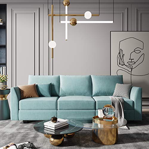 HONBAY Convertible Sectional Sofa Couch with Storage Seats Modular 3 Seater Sofa for Small Space, Aqua Blue