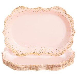 24-pack pink disposable serving trays, gold foil polka dotted party platters for wedding, birthday, tea party, brunch decorations, table centerpiece, home decor (9x13 in)