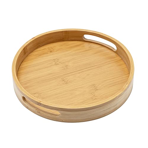 11.8 inch Bamboo Round Serving Tray, Wood Tray with Handles, Natural Wooden Tray for Ottoman, Kitchen/Coffee Table