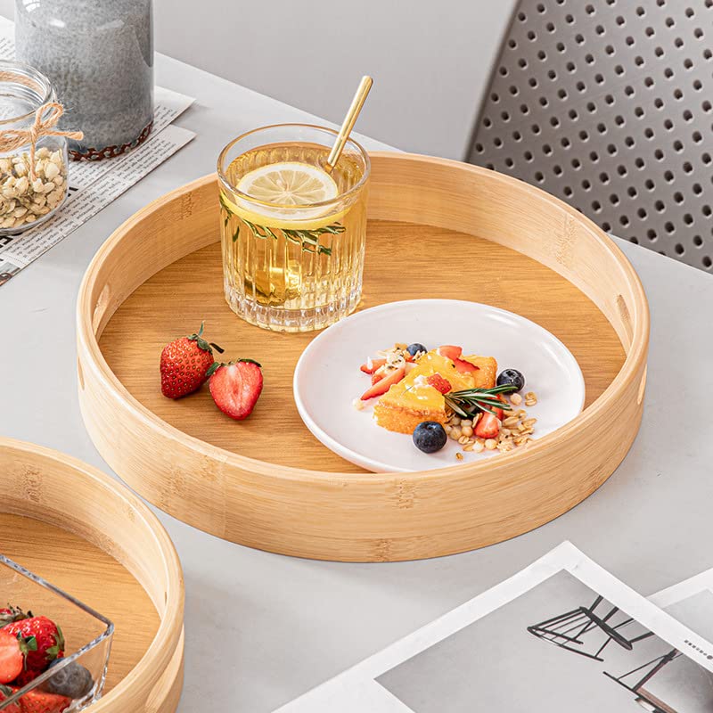 11.8 inch Bamboo Round Serving Tray, Wood Tray with Handles, Natural Wooden Tray for Ottoman, Kitchen/Coffee Table