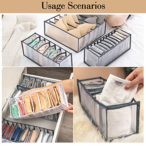 3 Pack Sock & Bra Drawer Organizer, Foldable Clothes Drawer Organizer, Drawer Organizers for Clothing, Dresser Drawer Organizers for Scarves, Clothes, Stockings(Gray, 6 Grid+7 Grid+11 Grid)