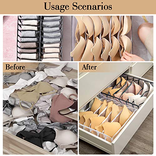 3 Pack Sock & Bra Drawer Organizer, Foldable Clothes Drawer Organizer, Drawer Organizers for Clothing, Dresser Drawer Organizers for Scarves, Clothes, Stockings(Gray, 6 Grid+7 Grid+11 Grid)