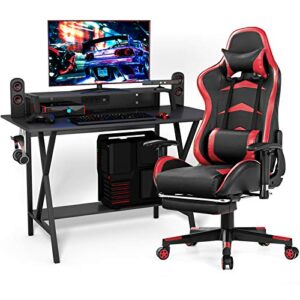 tangkula gaming desk and chair set, e-sport gamer desk & racing chair set, w/monitor stand, cup holder, earphone hook, seat height adjustment, reclining backrest & footrest, gaming recliner desk set