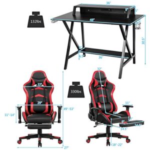 Tangkula Gaming Desk and Chair Set, E-Sport Gamer Desk & Racing Chair Set, w/Monitor Stand, Cup Holder, Earphone Hook, Seat Height Adjustment, Reclining Backrest & Footrest, Gaming Recliner Desk Set