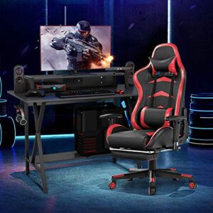 Tangkula Gaming Desk and Chair Set, E-Sport Gamer Desk & Racing Chair Set, w/Monitor Stand, Cup Holder, Earphone Hook, Seat Height Adjustment, Reclining Backrest & Footrest, Gaming Recliner Desk Set