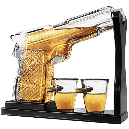 Pistol Gun Whiskey Decanter Bottle with Bullet Shot glasses. Liquor Decanter set for Vodka, Scotch, Bourbon