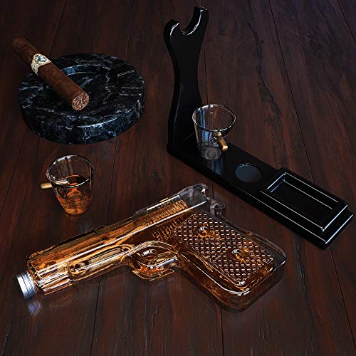 Pistol Gun Whiskey Decanter Bottle with Bullet Shot glasses. Liquor Decanter set for Vodka, Scotch, Bourbon