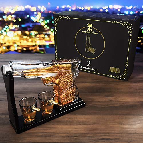 Pistol Gun Whiskey Decanter Bottle with Bullet Shot glasses. Liquor Decanter set for Vodka, Scotch, Bourbon