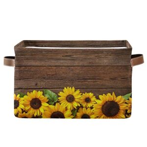 hmzxz summer floral sunflower wood canvas fabric storage basket collapsible toys storage bin with pu leather handles basket box organizer for wardrobe closet shelves organiser