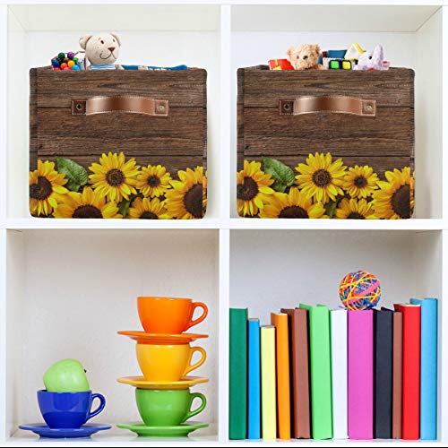 HMZXZ Summer Floral Sunflower Wood Canvas Fabric Storage Basket Collapsible Toys Storage Bin with PU Leather Handles Basket Box Organizer for Wardrobe Closet Shelves Organiser