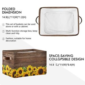 HMZXZ Summer Floral Sunflower Wood Canvas Fabric Storage Basket Collapsible Toys Storage Bin with PU Leather Handles Basket Box Organizer for Wardrobe Closet Shelves Organiser