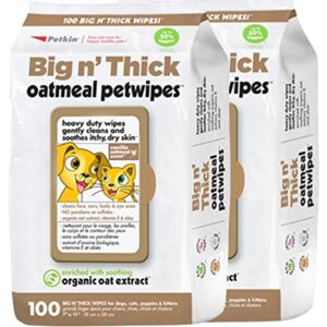 Petkin Pet Wipes for Dogs and Cats, 200 Wipes (Large) – Oatmeal Pet Wipes for Dogs and Cats – Soothes Itchy Dry Skin and Cleans Ears, Face, Butt, Body and Eye Area – 2 Packs of 100 Wipes