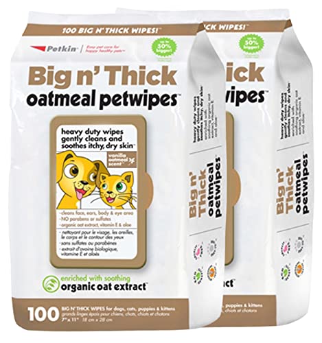 Petkin Pet Wipes for Dogs and Cats, 200 Wipes (Large) – Oatmeal Pet Wipes for Dogs and Cats – Soothes Itchy Dry Skin and Cleans Ears, Face, Butt, Body and Eye Area – 2 Packs of 100 Wipes