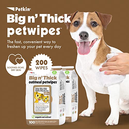 Petkin Pet Wipes for Dogs and Cats, 200 Wipes (Large) – Oatmeal Pet Wipes for Dogs and Cats – Soothes Itchy Dry Skin and Cleans Ears, Face, Butt, Body and Eye Area – 2 Packs of 100 Wipes