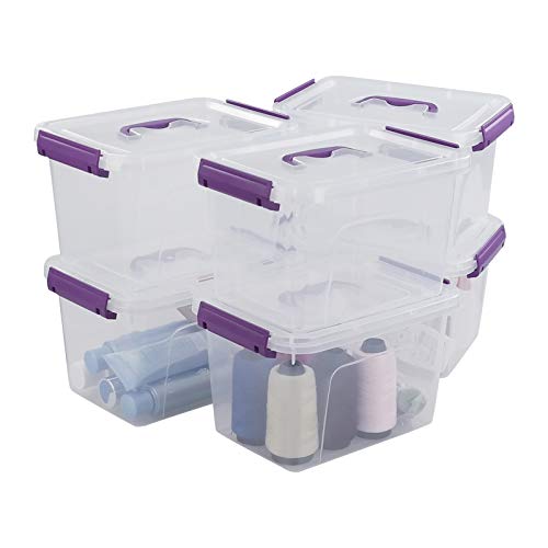 Utiao Clear Plastic Bin with Lid, 6 Quart Latching Box with Purple Handle, 6 Packs