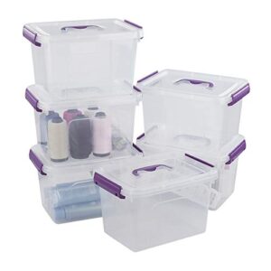 Utiao Clear Plastic Bin with Lid, 6 Quart Latching Box with Purple Handle, 6 Packs