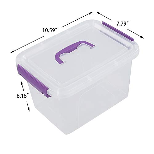 Utiao Clear Plastic Bin with Lid, 6 Quart Latching Box with Purple Handle, 6 Packs