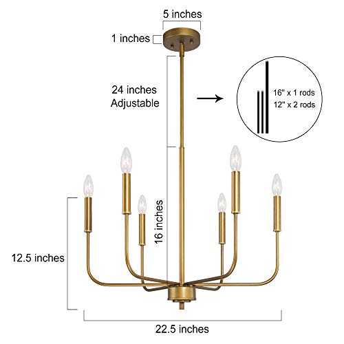 LOG BARN Gold Chandelier, Brass Chandelier for Dining Room, Gold Light Fixtures for Sitting Room, Bedroom, 6-Light, 22.5” Dia