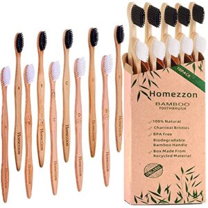 homezzon bamboo toothbrushes soft bristles pack of 10 – eco-friendly wooden toothbrushes - bpa free charcoal toothbrushes effectively cleanses teeth, ideal for sensitive gums