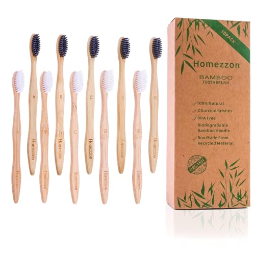 HOMEZZON Bamboo Toothbrushes Soft Bristles Pack of 10 – Eco-Friendly Wooden Toothbrushes - BPA Free Charcoal Toothbrushes Effectively Cleanses Teeth, Ideal for Sensitive Gums