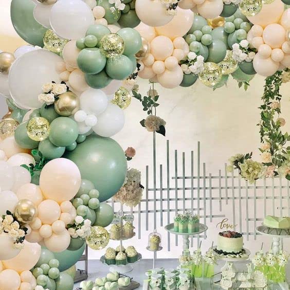 GIHOO Sage Green Balloon Garland Arch Kit 143pcs Avocado Green Balloon with White Balloons Gold Metallic Latex and Confetti Balloons for Wedding Birthday Party Baby Shower Party Background Decoration